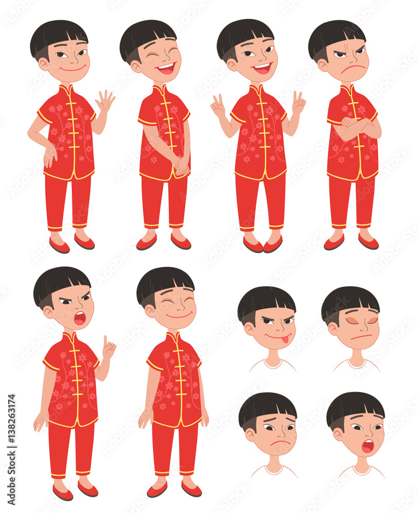 Cartoon asian boy in Chinese New Year festive costume. Set of different ...