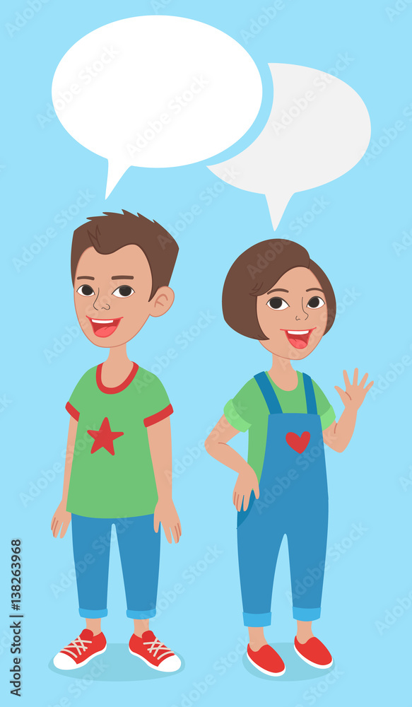Two cartoon style kids with comics speech bubbles. School girl and boy ...