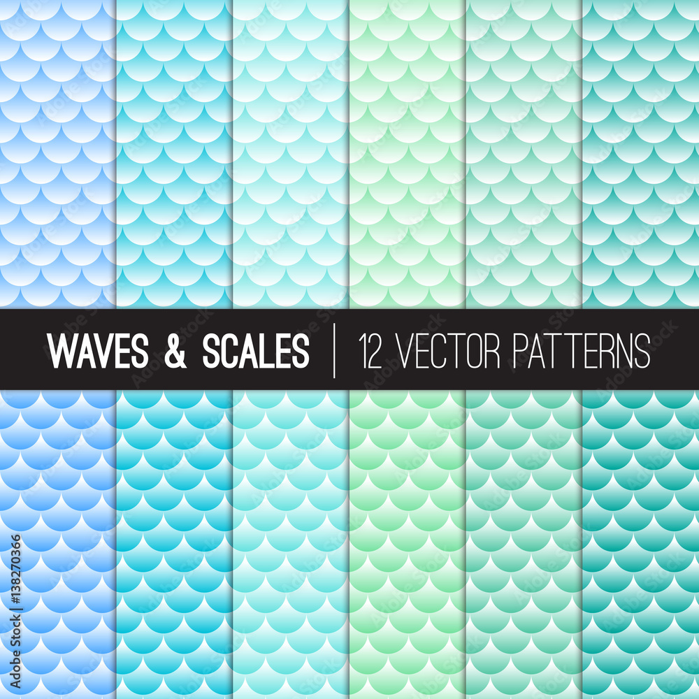 Sea Waves, Mermaid Scales, Fish Scales Seamless Scalloped Patterns in ...