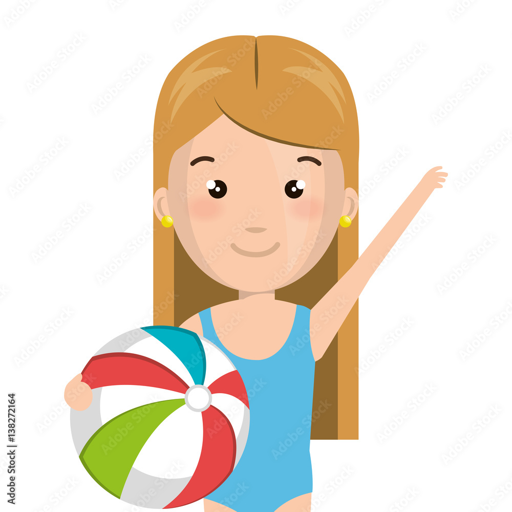 half body cartoon blond girl with summer swimsuit and ball vector ...
