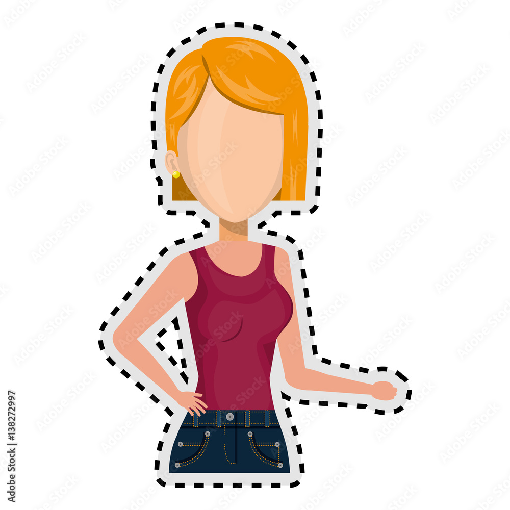 sticker half body faceless cartoon blond woman with casual clothes ...