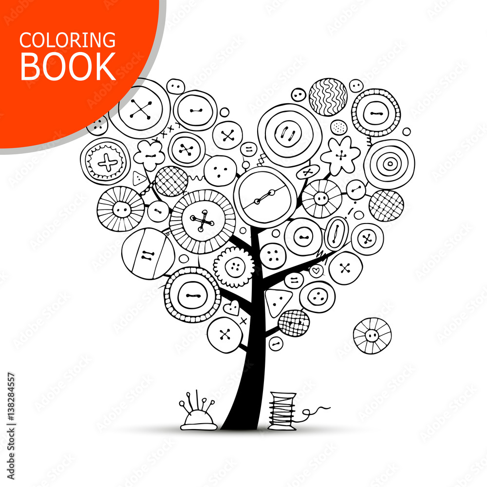 Sewing tree with buttons. Coloring book page design Stock Vector ...