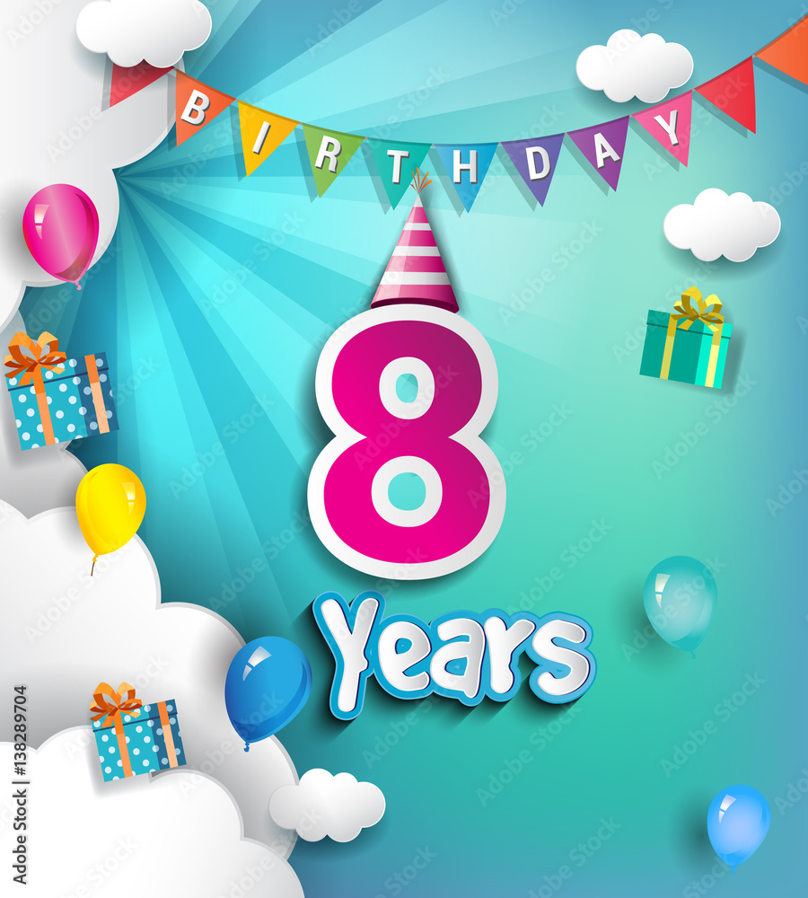 8th Anniversary Celebration Design, with clouds and balloons. using ...