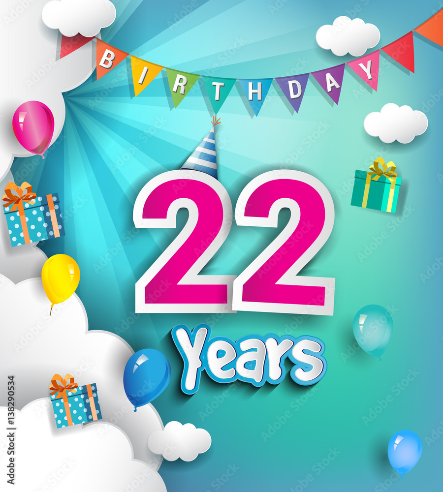22 years Birthday Celebration Design, with clouds and balloons. using ...