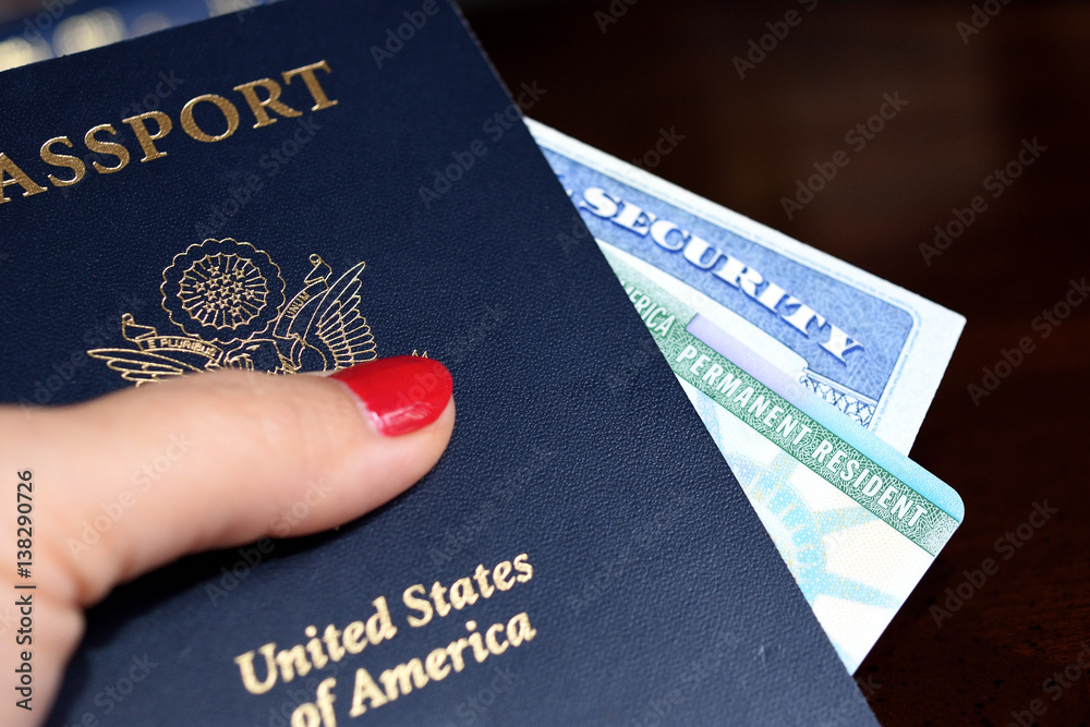 American passport, permanent resident card and social security number ...