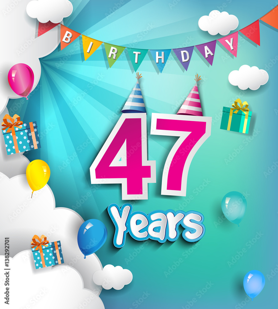 47 years Birthday Celebration Design, with clouds and balloons. using ...