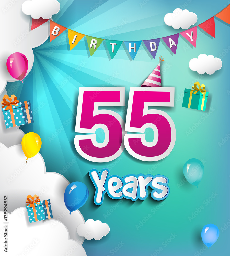 Vetor de 55 years Birthday Celebration Design, with clouds and balloons ...