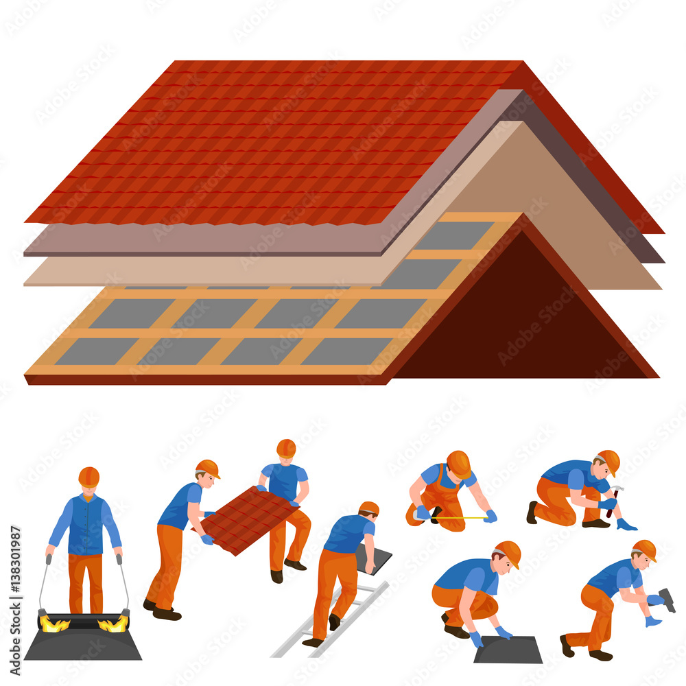 roof construction worker repair home, build structure fixing rooftop ...