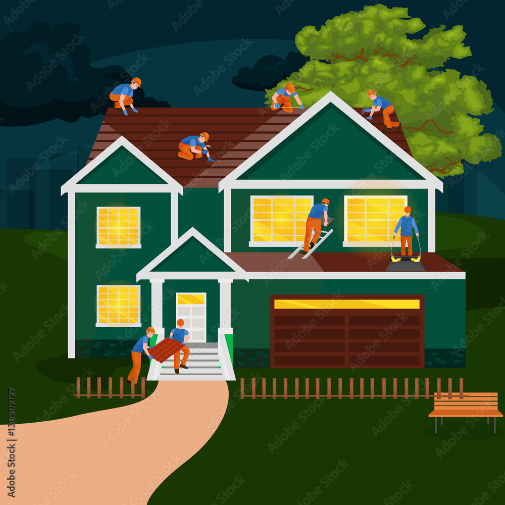 roof construction worker repair home, build structure fixing rooftop ...