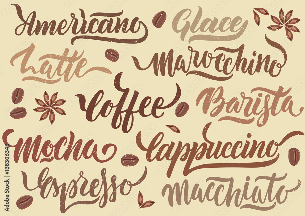 Vector illustration. Handwritten brown calligraphic coffee names with ...