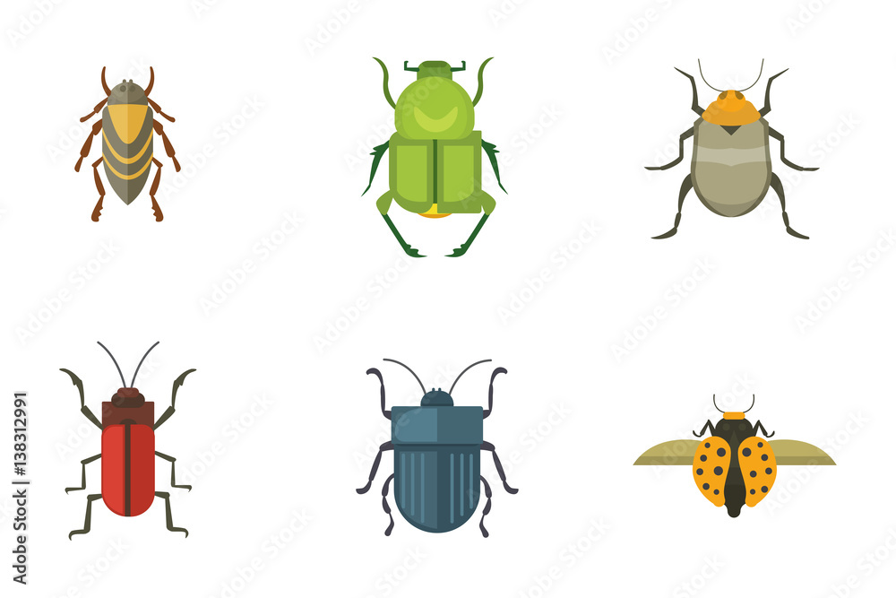 Set of insects flat style vector design icons. Collection nature beetle ...