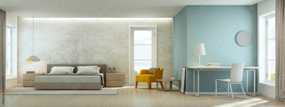 Sea view bedroom and living room in luxury beach house, Modern interior ...