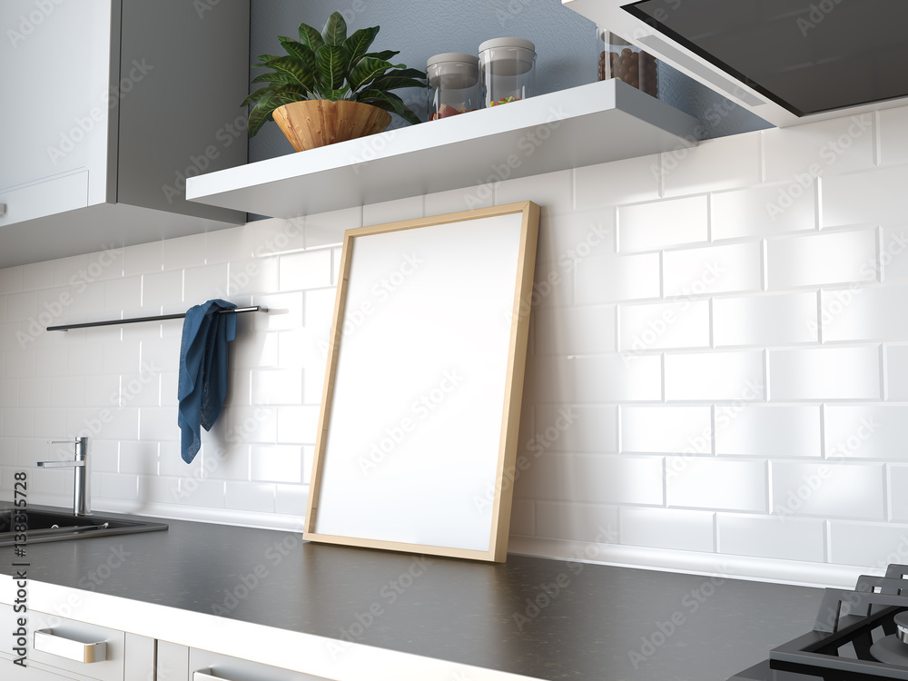 Mock up poster, kitchen scene, interior, 3d rendering Stock ...