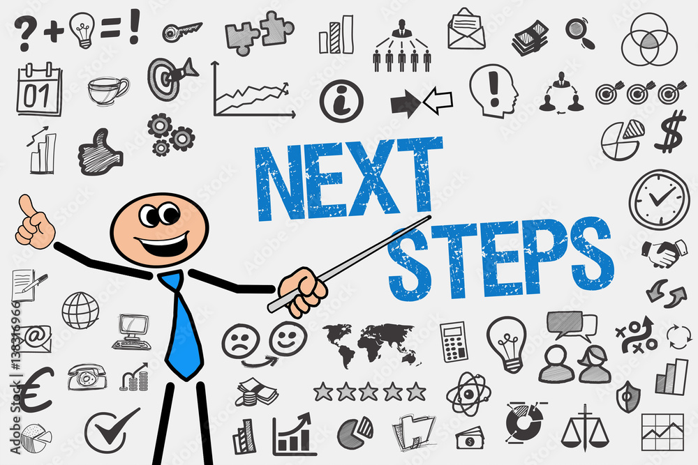 Next Steps / Mann mit Symbole Illustration Stock | Adobe Stock