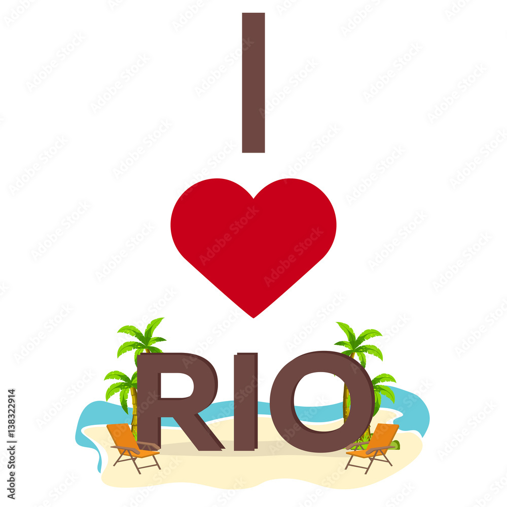 I love Rio. Brazil. Travel. Palm, summer, lounge chair. Vector flat ...