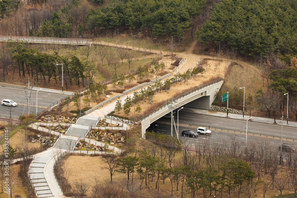 Pedestrian bridge over highway. Aerial view. Stock Photo | Adobe Stock