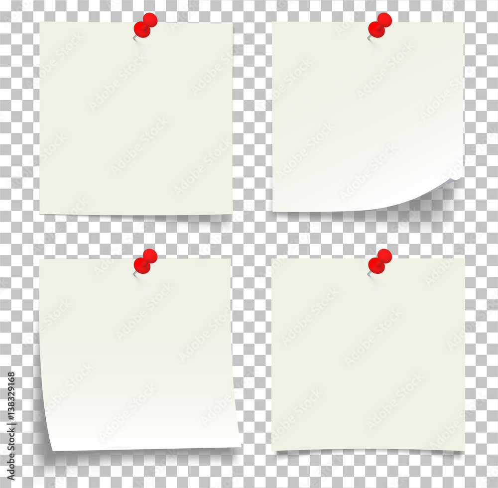 Collection of white note papers with bent corner, with the red button ...
