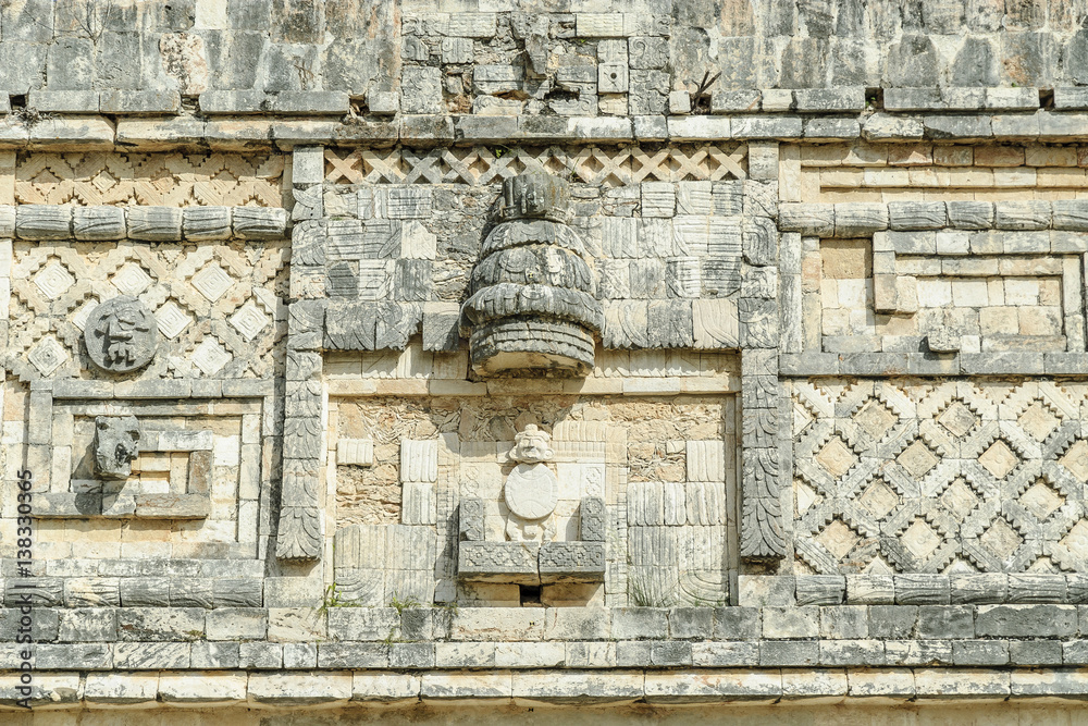 Mayan reliefs in the quadrangle of the nuns in the archaeological Uxmal ...