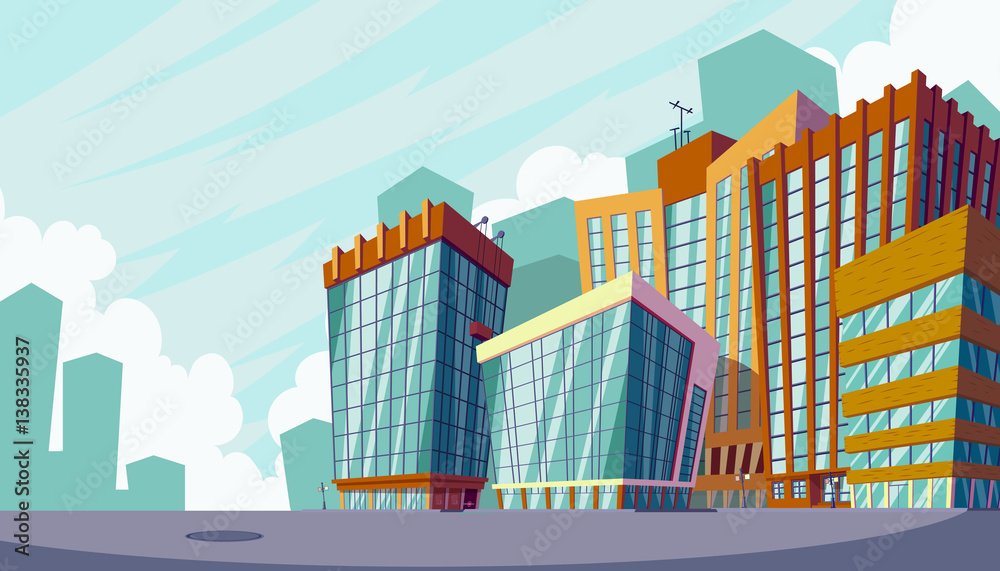 Vector cartoon illustration of an urban landscape with large modern ...