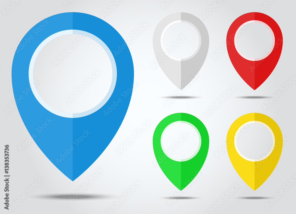 Set of Map markers, map pins, pointer elements. 5 colors, orange, blue ...