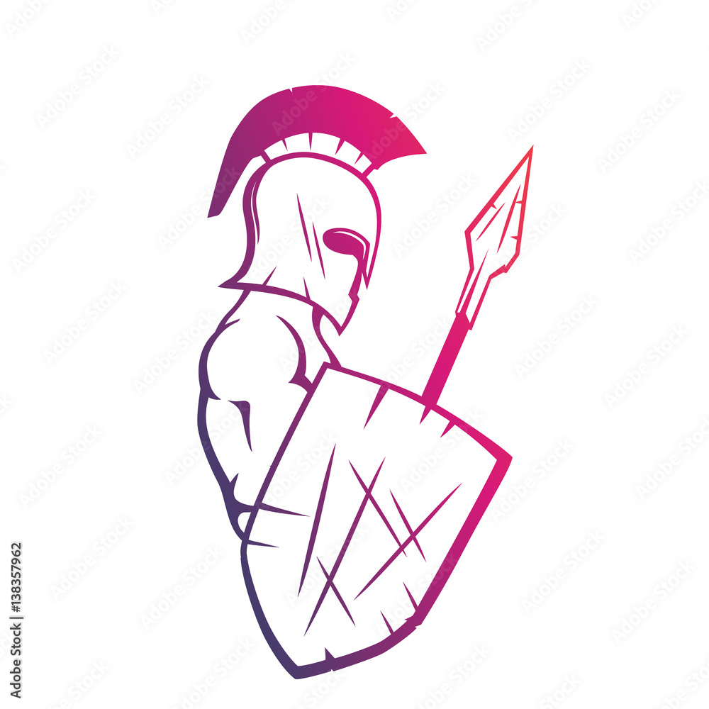 spartan with spear and shield, strong warrior in helmet isolated over ...