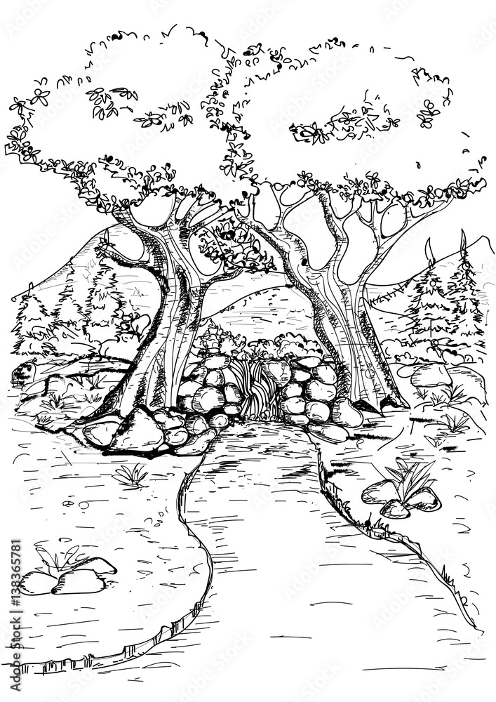 Vector hand drawn sketch river and nature Stock Vector | Adobe Stock