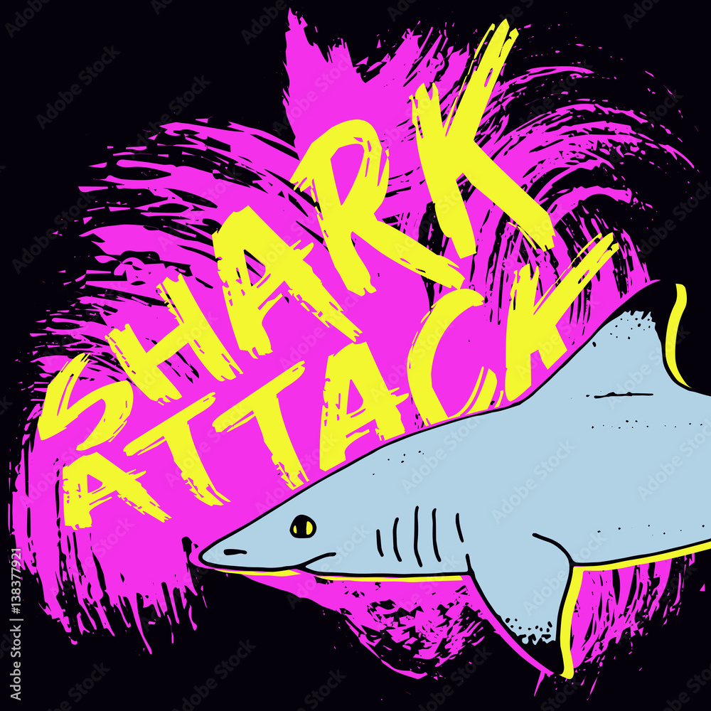 Shark attack. Vector shark hand drawn illustration with wild sea animal ...