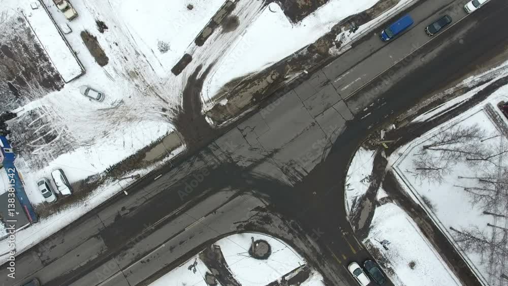 T shaped road intersection in city at winter season. Top view from ...