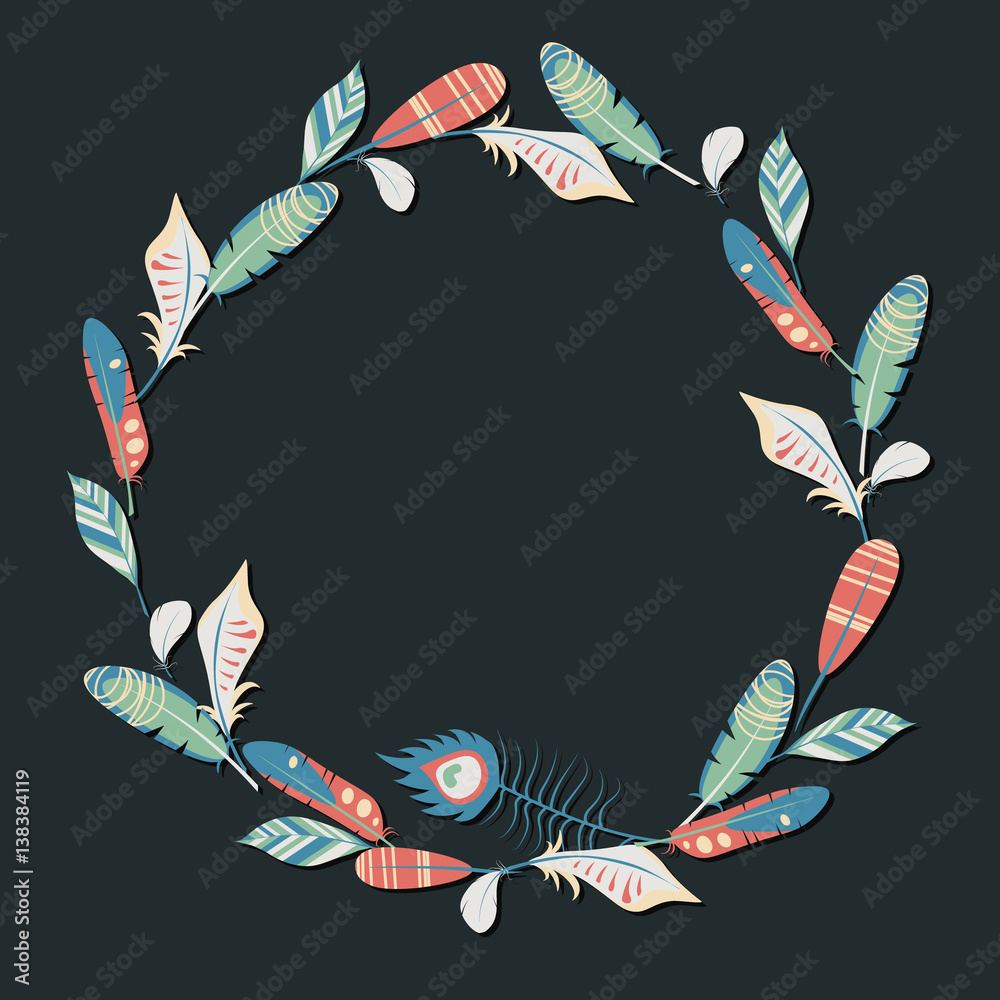 Vector circle frame of colorful feathers on dark background. Elegant ...