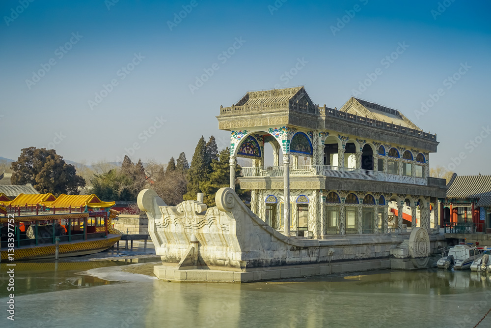 BEIJING, CHINA - 29 JANUARY, 2017: Stone house designed as houseboat ...