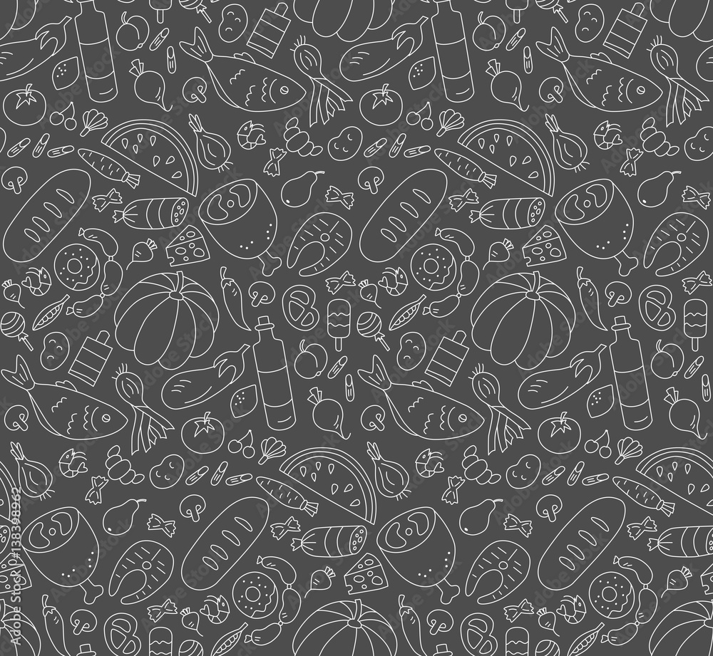 Food. Black and white seamless pattern in Doodle and cartoon style ...