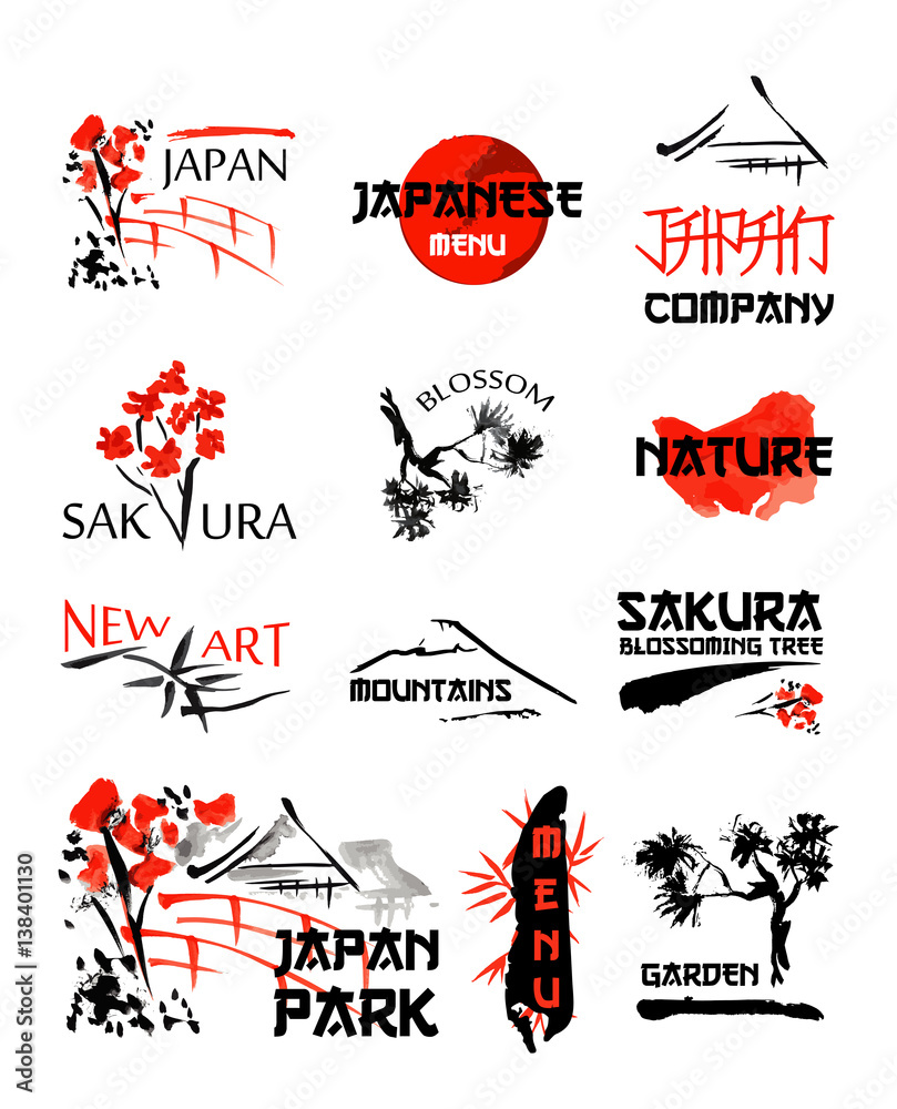Logo templates set with asia landscapes, buildings and blossoming ...