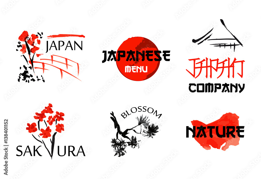 Logo templates set with asia landscapes, buildings and blossoming ...