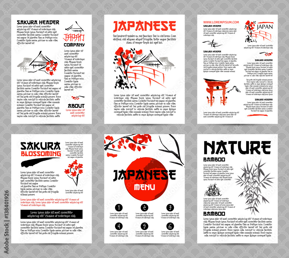Banners or posters set with asia landscapes, buildings and blossoming ...