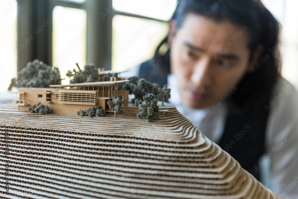Close up architectural model of residential building and landscape ...