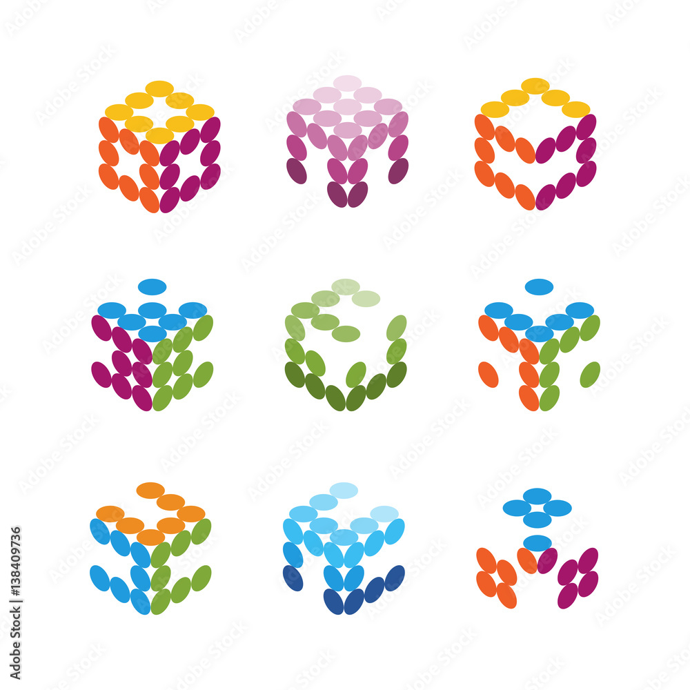 Collection of vector logos consists of small dots in the isometric ...