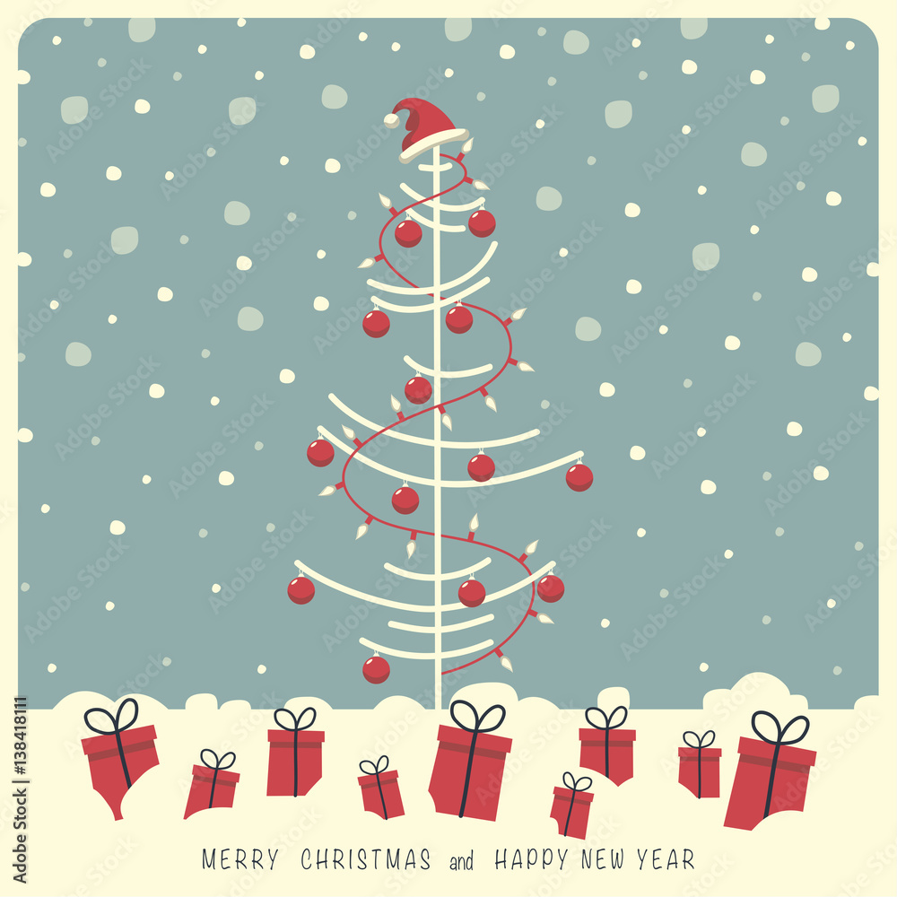 Christmas tree decorated with garland and Toys. On top of its hat of ...