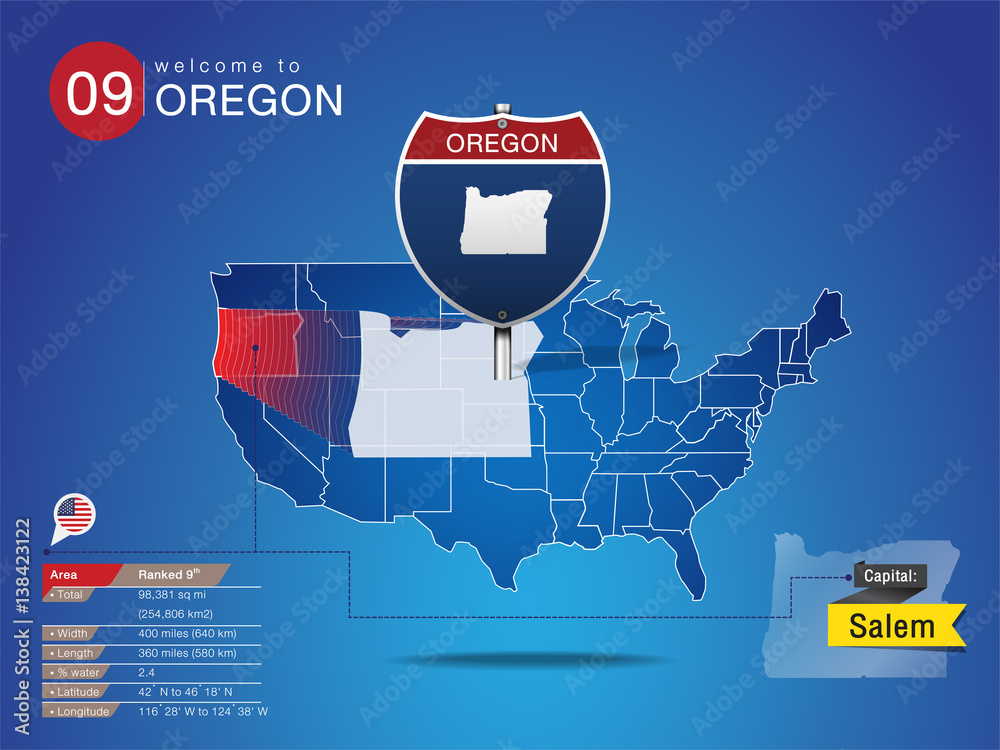 Sign of State American in Road Style on Map USA. OREGON State with ...
