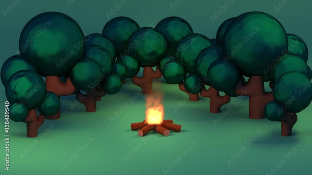 3D Cartoon Forest And Campfire Looped. Beautiful outdoor forest scene ...