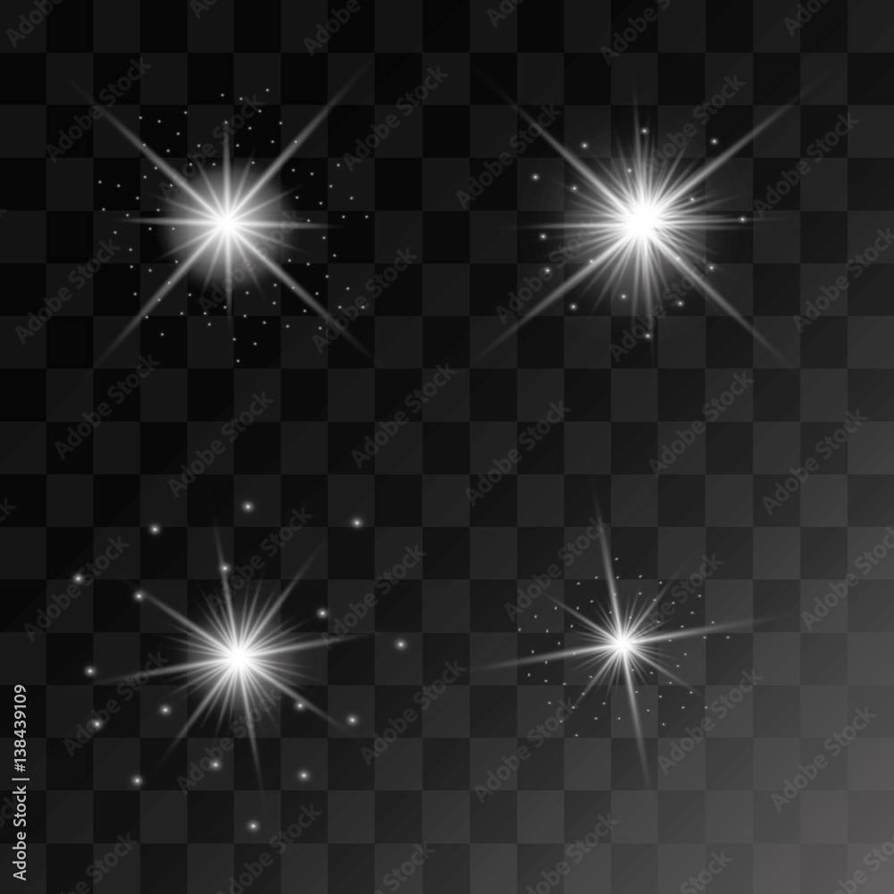Set of Vector glowing light effect stars bursts with sparkles on transparent background ...