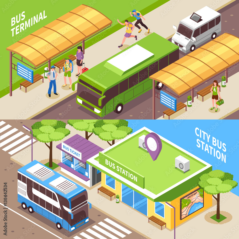 Bus Terminal Isometric Horizontal Banners Stock Vector | Adobe Stock
