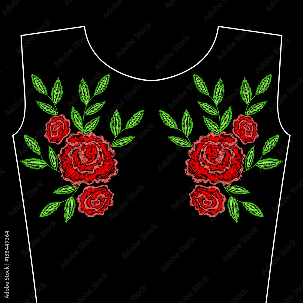 Embroidery stitches with red rose flowers for neckline. Vector fashion ...