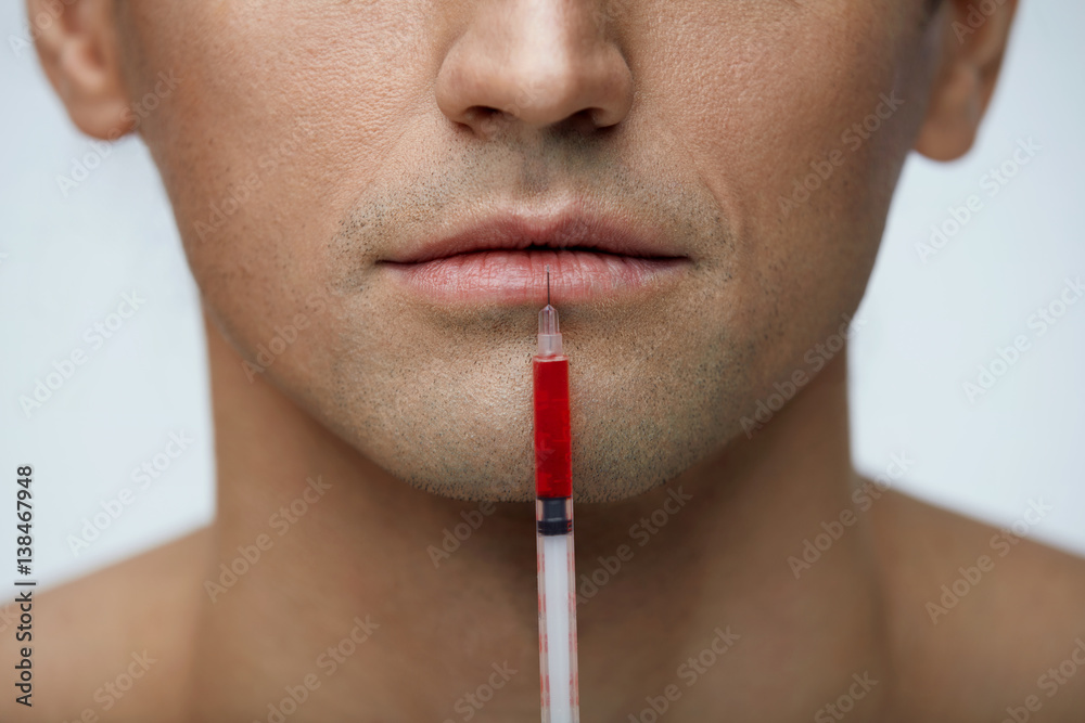 Closeup Handsome Man Face Receiving Injection, Lips Augmentation Stock ...