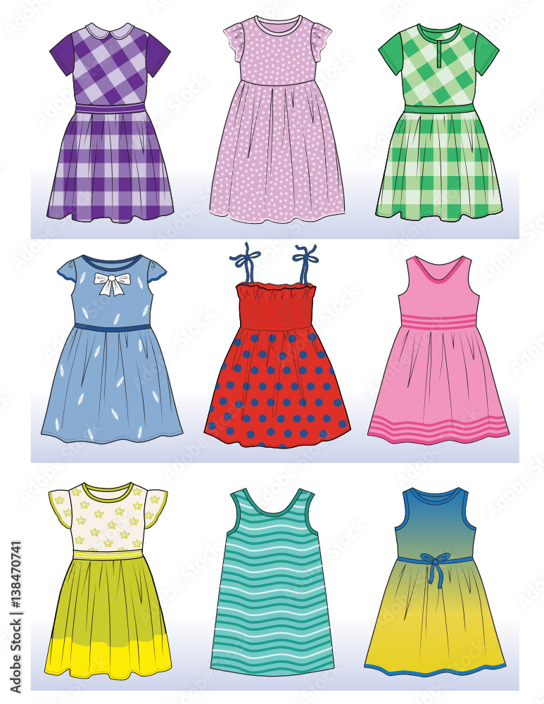 vector set with beautiful dresses for little girls Stock Vector | Adobe ...