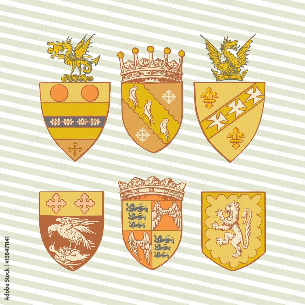 Vector illustration of classic heraldic design with coat of arms and ...