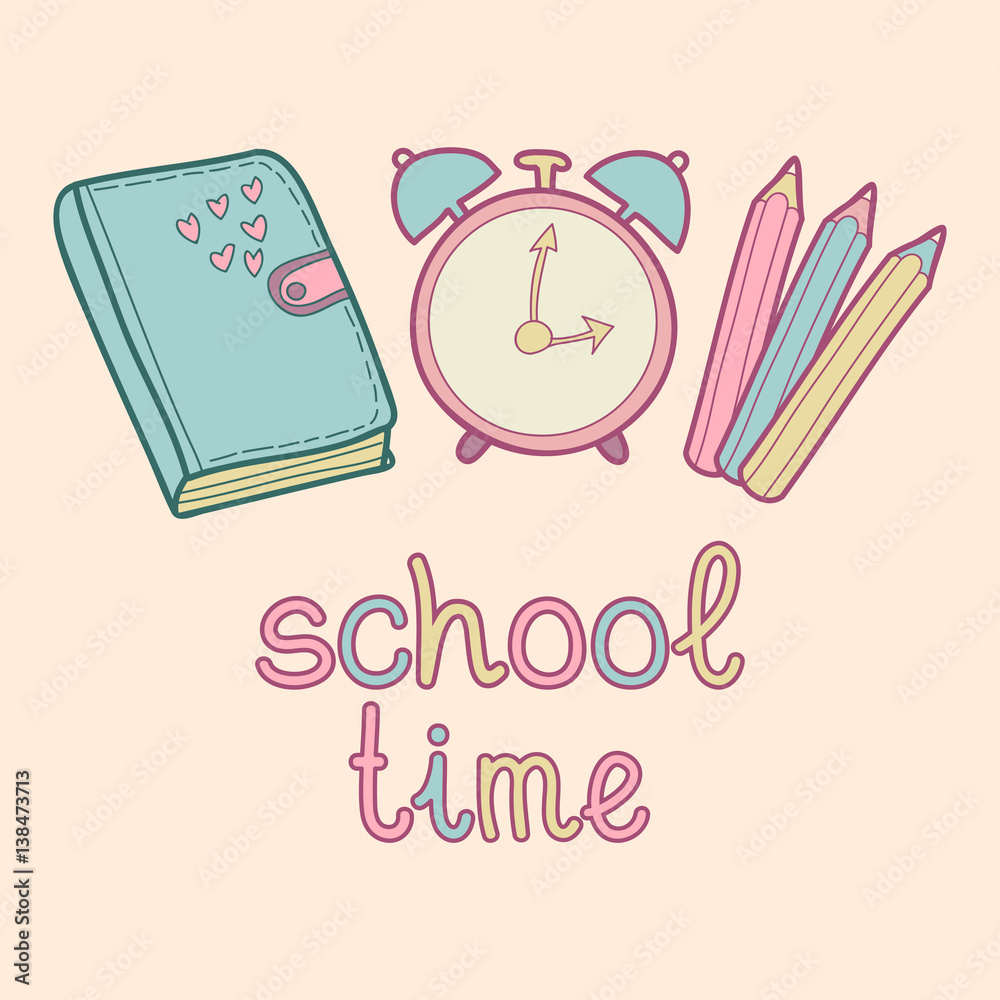 Vector lettering text School time. Cute children education background ...