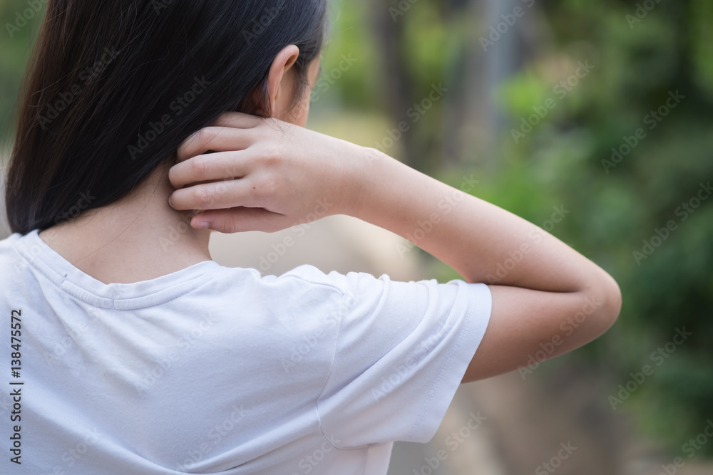 Health problem. Closeup asian girl scratching her itchy back Stock ...