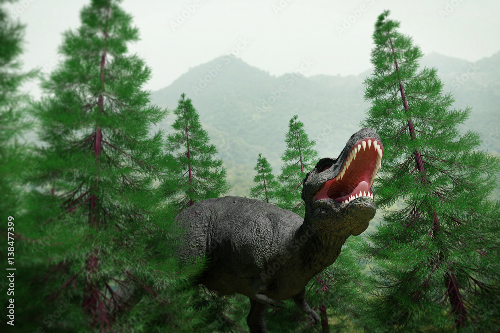 roaring T-rex, Tyrannosaurus rex dinosaur between pine trees (3d ...