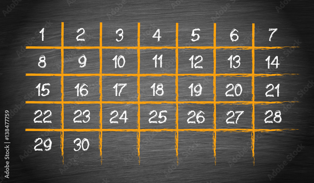 Monthly Calendar with 30 days on chalkboard background Stock ...