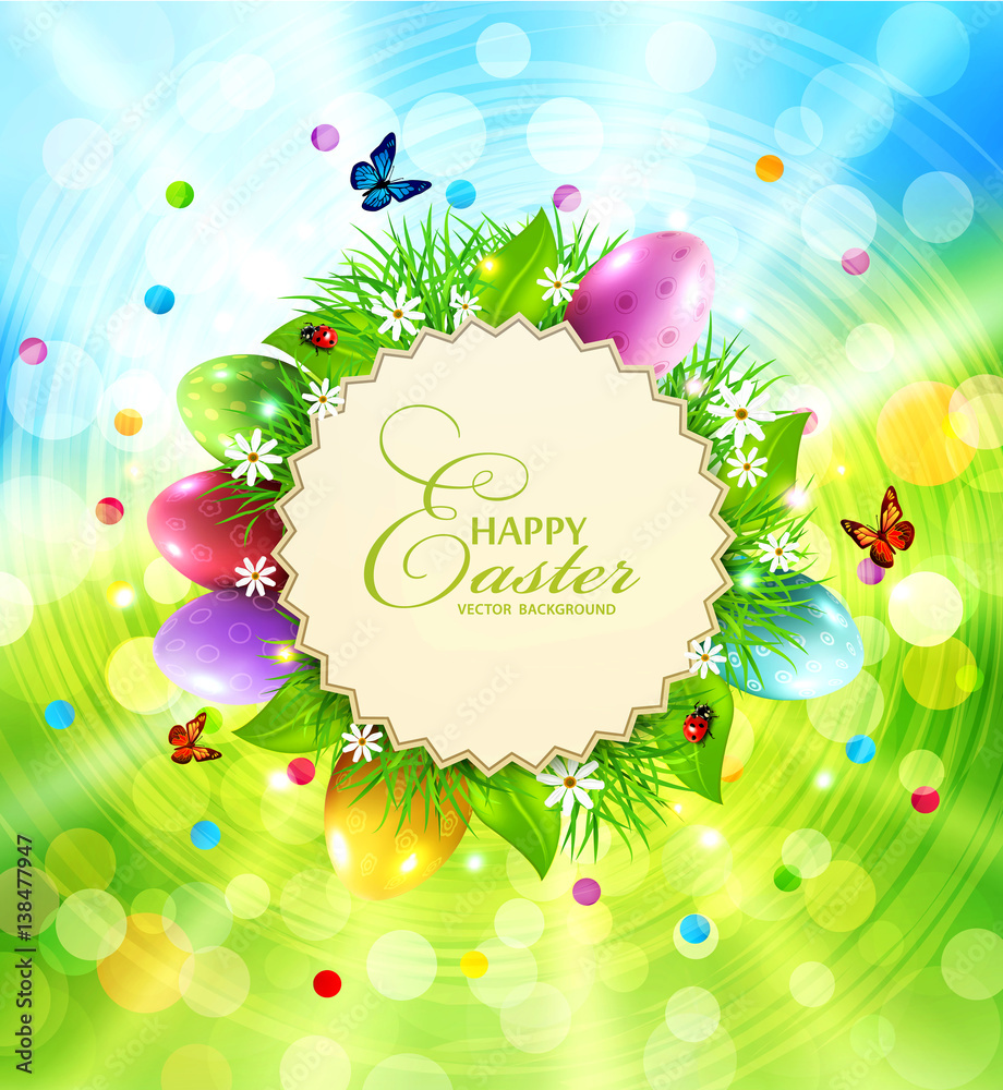vector Easter background with a round card for text, grass and eggs ...